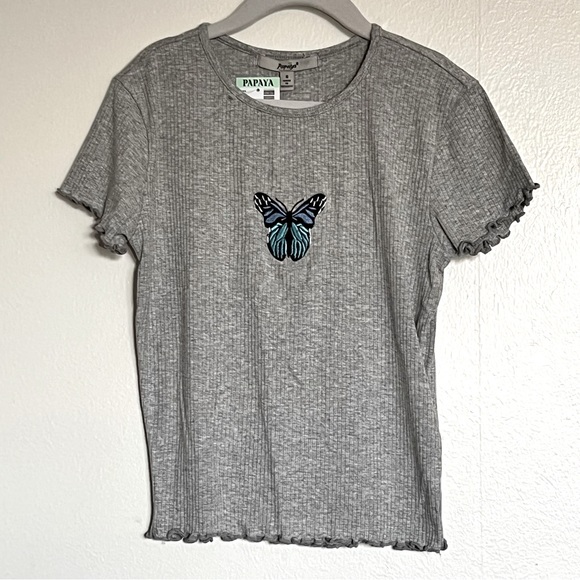 Papaya | Tops | Papaya Butterfly Embroidered Ribbed Lettuce Hem Crop ...